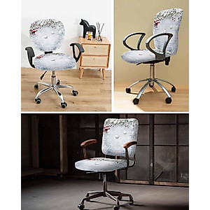 Christmas Ball Office Chair Cover Stretchable Computer Chair Seat Cover Backrest Slipcovers, Stretchable Rotating Desk Chair Seat Cushion Split Protectors Winter Snowy Pine Tree Leaves Farmhouse