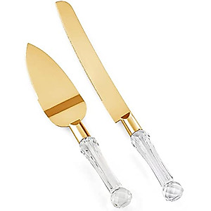 Homi Styles Wedding Cake Knife and Server Set | Plastic Faux Crystal Handles & 420 Stainless Steel Titanium gold plated Blades | Cake Cutting Set for Wedding Cake, Birthdays, Anniversaries, Parties