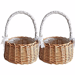 RTWAY Wicker Rattan Flower Basket, Set of 2 Wedding Flower Girl Baskets, Willow Handwoven Basket with Handles and Plastic Insert, Woven Eggs Candy Basket for Home Garden Decor