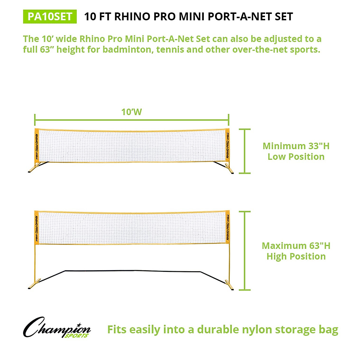 Champion Sports Adjustable Racquet Sport Net: Portable 10 Foot Racket Sport Game Net for Volleyball, Tennis, Pickleball, and Badminton - Yellow
