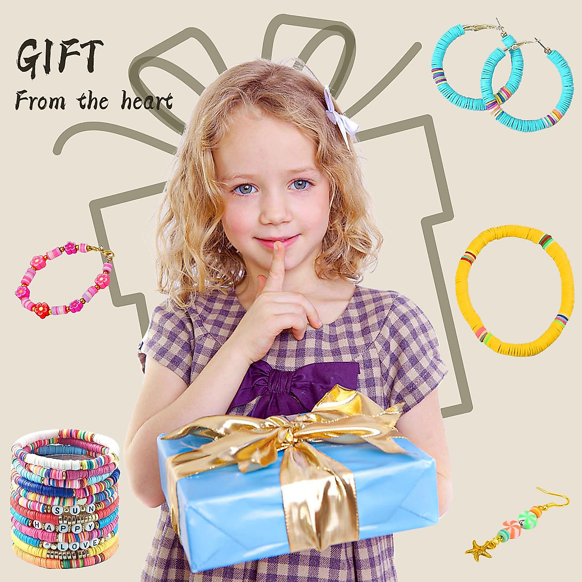 4500pcs White Clay Beads Kit for Bracelet Making Including 6mm Flat Polymer Clay Heishi Beads and Gold Bead Pearls Spacers Letter Beads for Jewelry Necklace Making