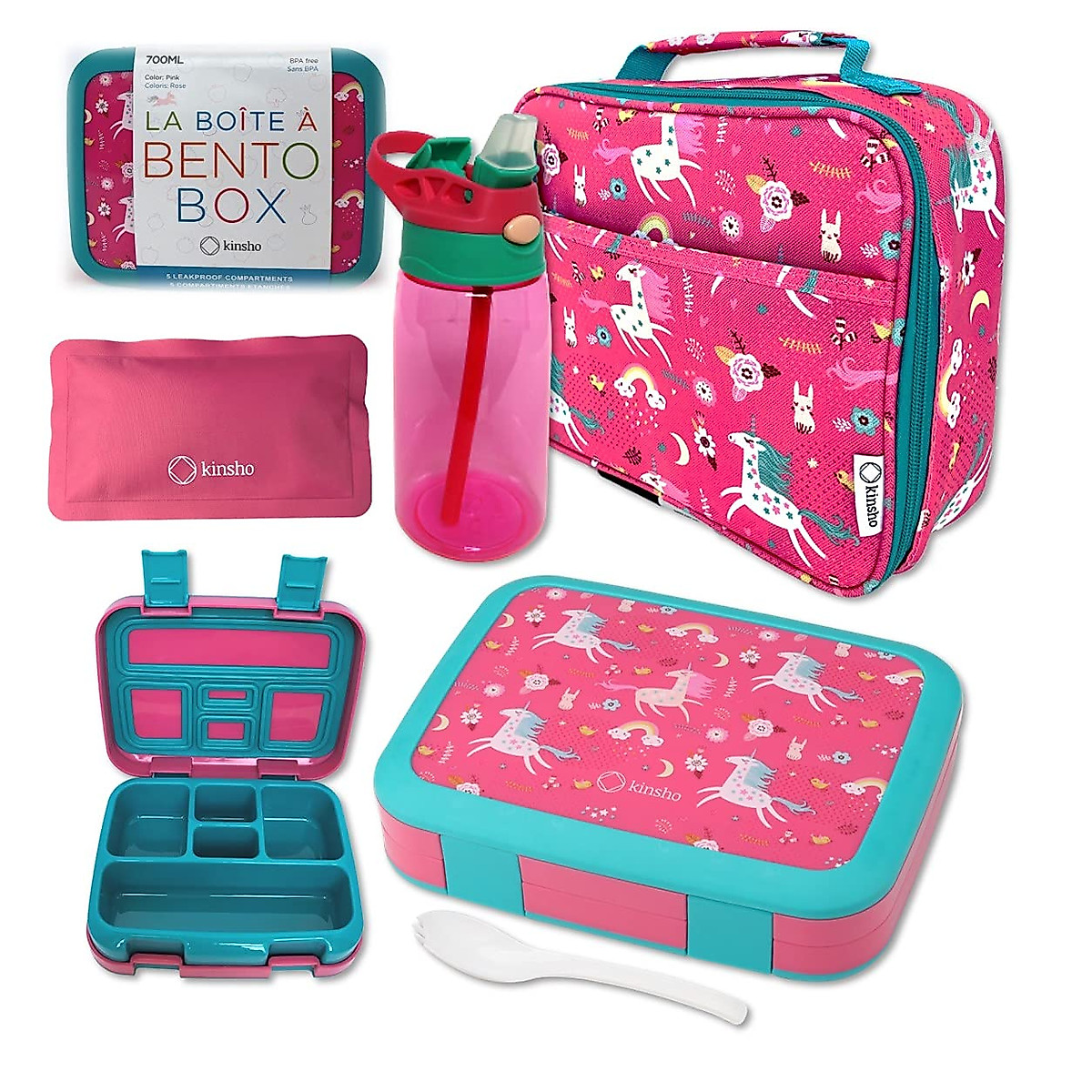 Bundle of kinsho Bento Lunch Box with Insulated Bag, Water Bottle&Ice Pack Set (Pink Unicorn) + Pencil Case for Girls, Cute Pouch Box Bag for Little Kids (Pink Unicorn)