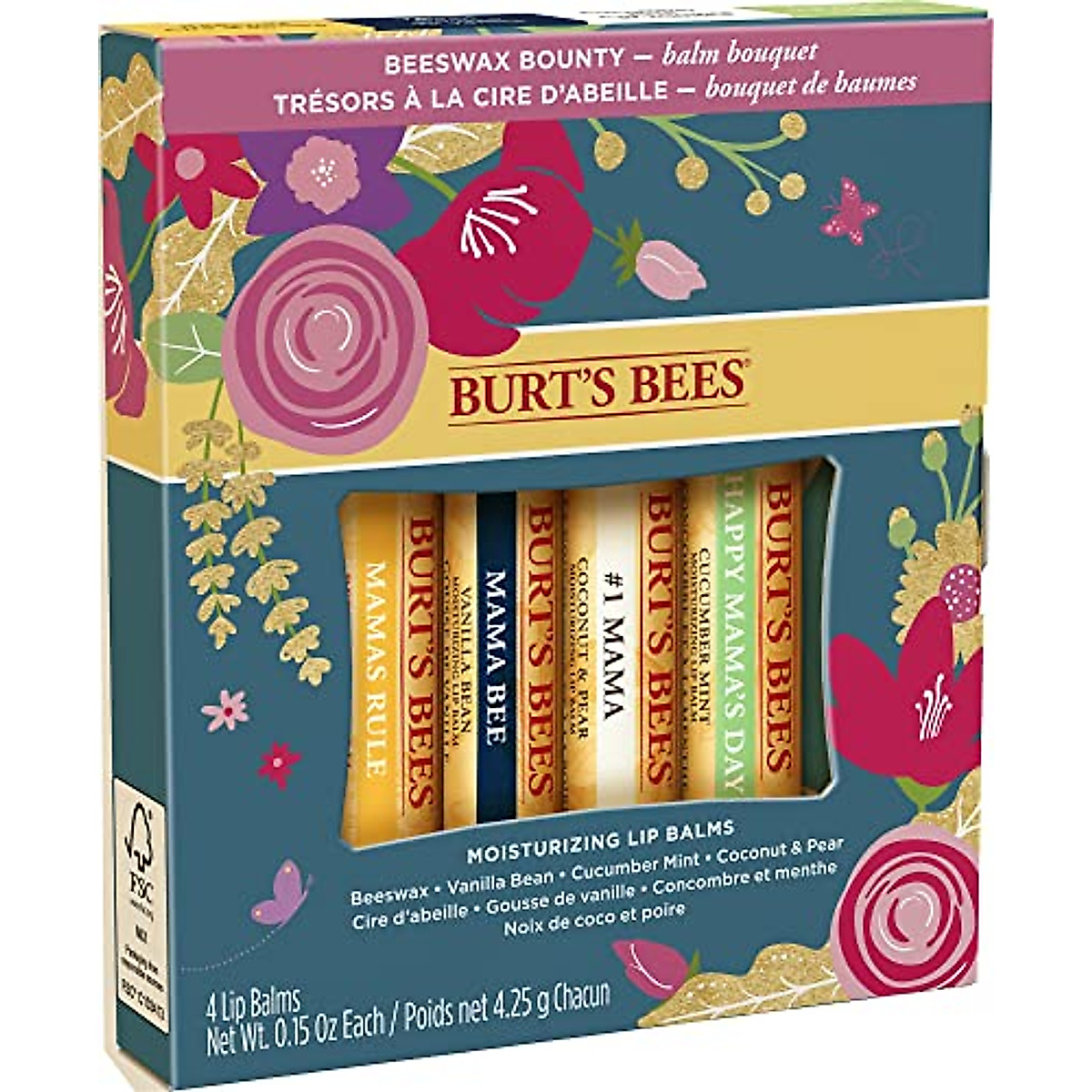 Burt's Bees Gifts, 4 Lip Balm Products, Balm Bouquet Spring Set - Classic Beeswax, Vanilla Bean, Cucumber Mint & Coconut Pear (4 Pack)