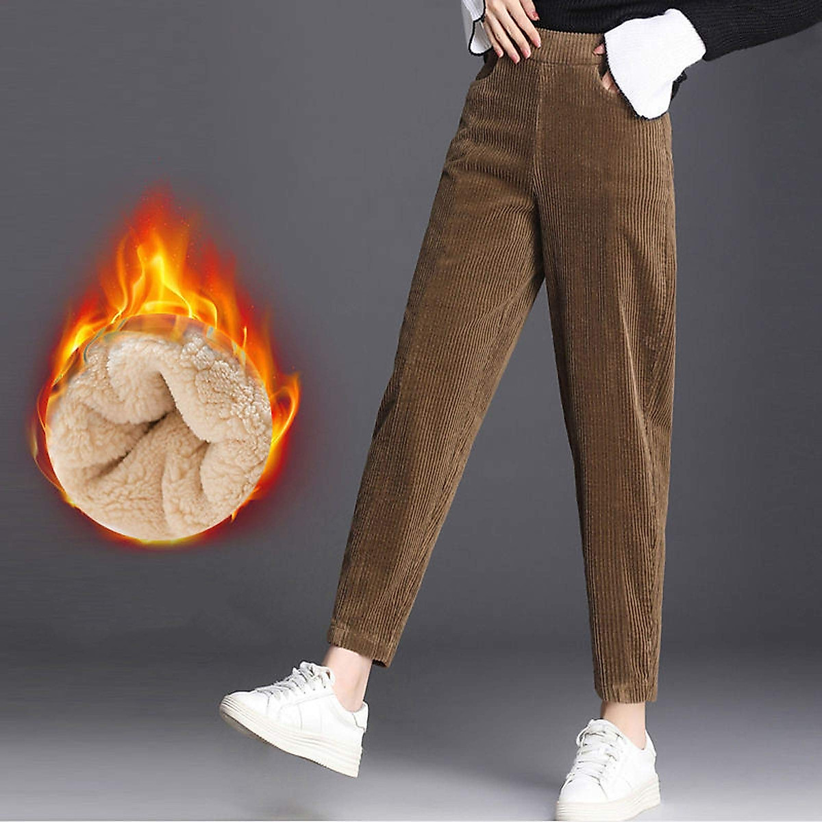Fleece Lined Corduroy Pants for Women's Winter Warm Sweatpants Plush Sherpa Long Trousers Thick Jogger Pants Brown