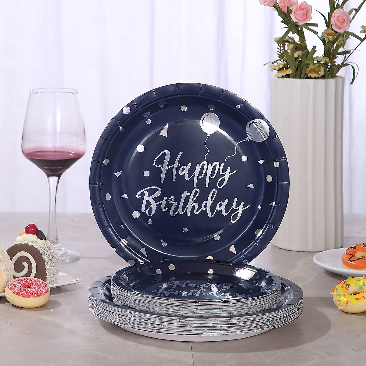 175 PCS Blue Birthday Party Decorations Blue and Silver Birthday Plates and Napkins Party Supplies for Happy Birthday Decor Serves 25 Guests