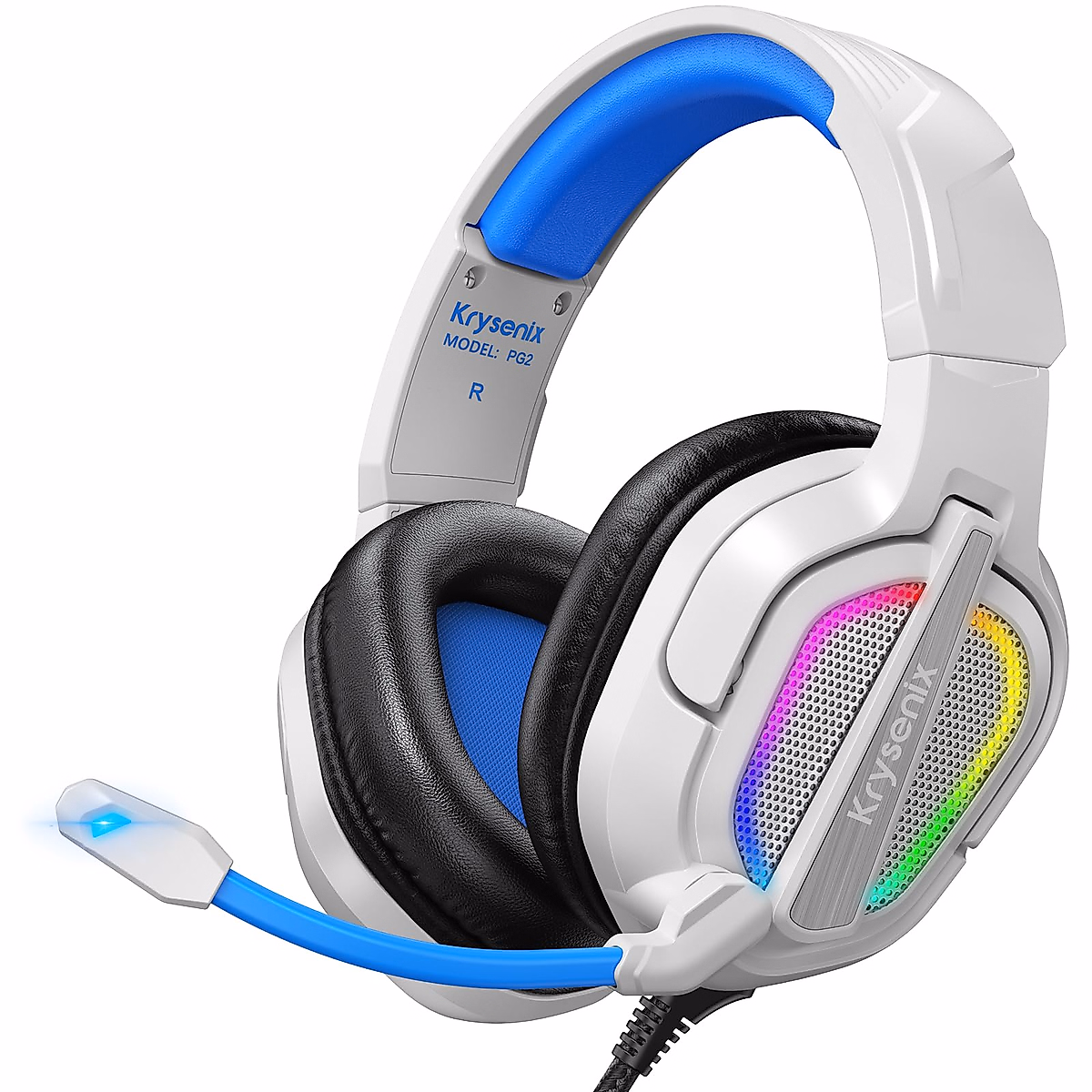 Krysenix Gaming Headset for PS4, PS5, PC, Mac, Xbox Series X, Noise Canceling Headphones with Microphone, PG2 Computer Headset with 3.5mm Jack & RGB Light White/Blue