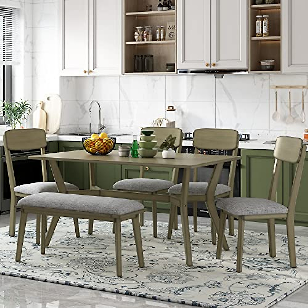 Merax 6-Piece Mid-Century Style Wooden Dining Table Set with 4 Chairs and Padded Bench, Antique Yellow+Gray