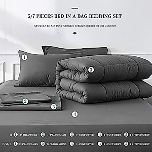 Newspin Full Bed in a Bag - 7 Pieces Dark Grey Comforter Set, Lightweight All Season Ultra Soft Bedding Comforter Set with Comforter, Flat Sheet, Fitted Sheet, Pillowcases & Shams
