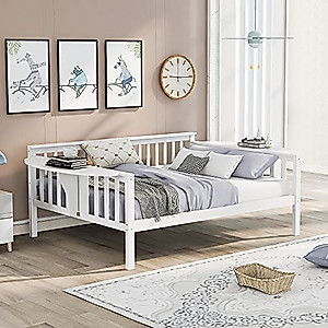 UBGO Full Daybed, Wood Size Sofa Bed with 2 Folding Tables, Children's Cot, Bedroom Living Room Furniture, Wooden Slat Support, Box Required, White C