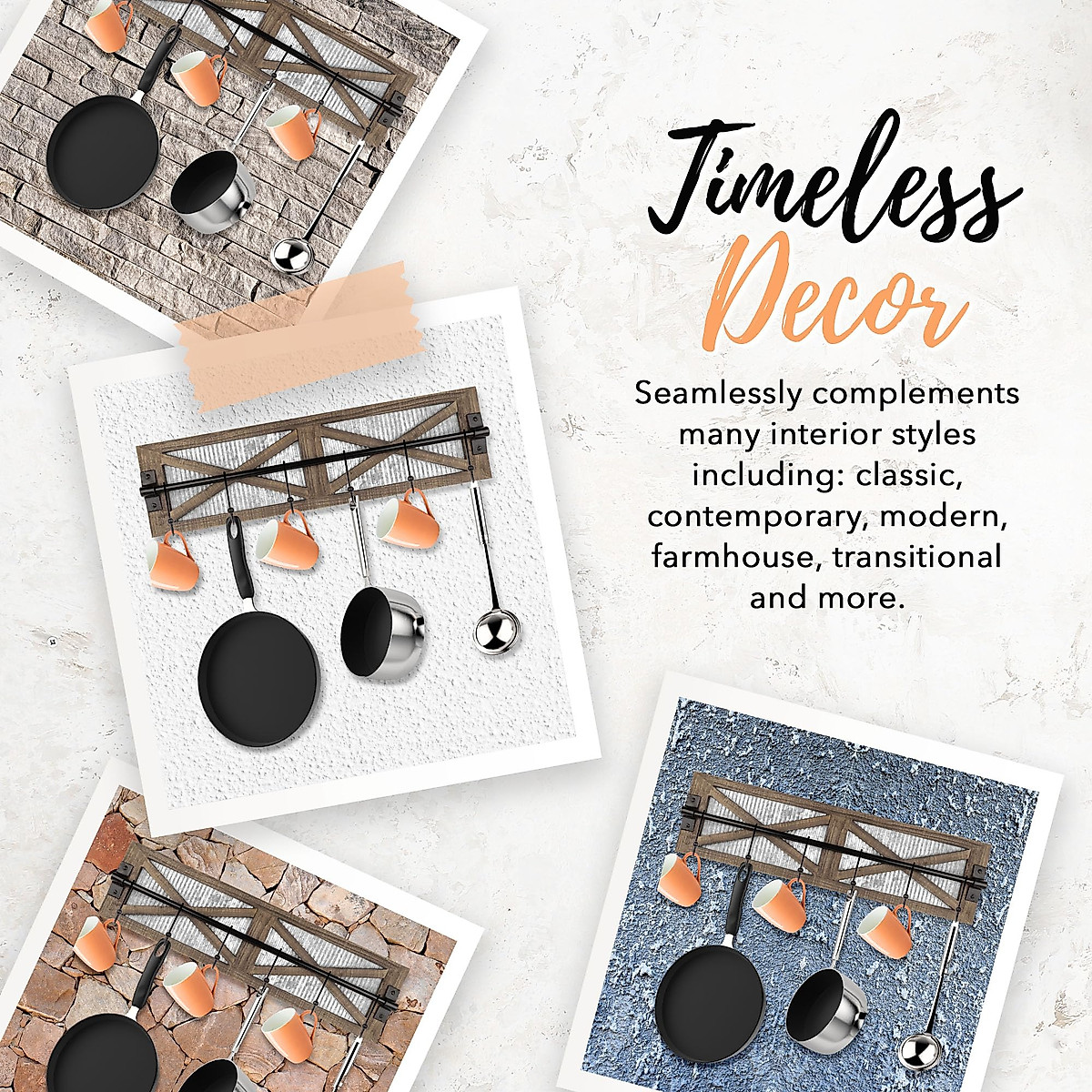 Autumn Alley Rustic Kitchen Utensils Hanging Rack with S Hooks | Wall Mounted Wood Rack for Mugs, Utensils, Pots and Farmhouse Decor | Rustic Wall Decor