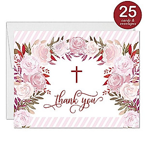 DB Party Studio Set Baby Baptism Invitations with Matched Thank You Notes ( 25 of Each ) Envelopes Included, 5 x 7" Lovely Pink Roses Fill-in Invites & Folded Thanks Cards Infant Christening Pair