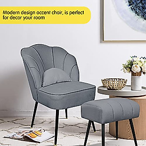Velvet Accent Chair, Velvet Chairs Shell Sofa Chair With Footstool Ottoman, Modern Leisure Chair With Black Metal Legs & Golden Leg Base, Upholstered Chair for Living Room/Bedroom/Office, Dark Grey