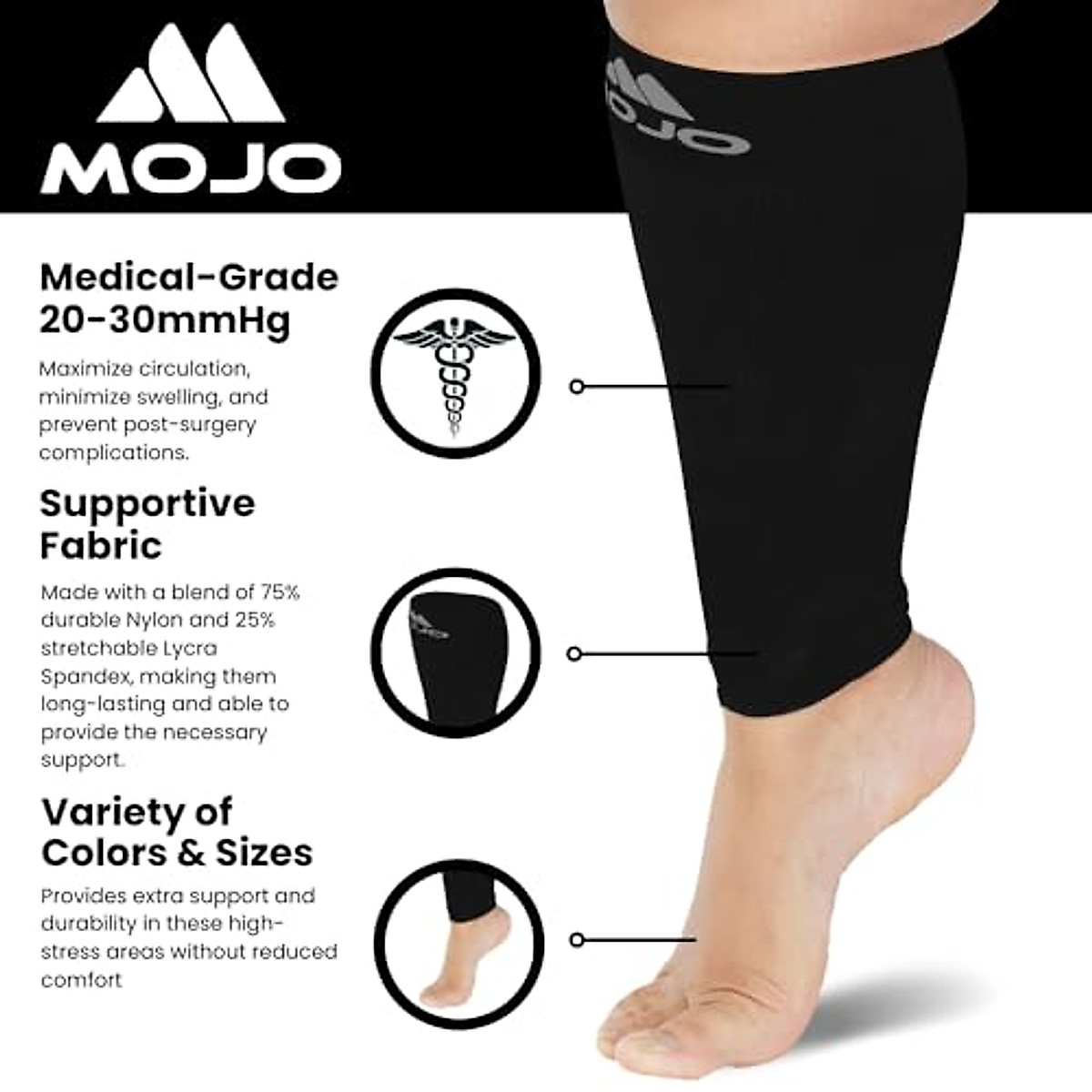 Mojo - Compression Socks Footless for Women and Men 20-30mmHg - Big and Tall Medical Leg Compression Sleeve for Flying, Nurses, Travel Circulation - Black, 3X-Large - A604