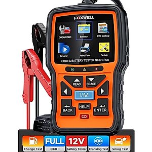 FOXWELL NT301 Plus 2 IN1 OBD2 Scanner Battery Tester, OBD2 Scanner Diagnostic Tool Check Engine Car Code Reader, 12V 100-2000 CCA Battery/Charging/Cranking Test, EVAP Live Data, Full OBDII Diagnosis
