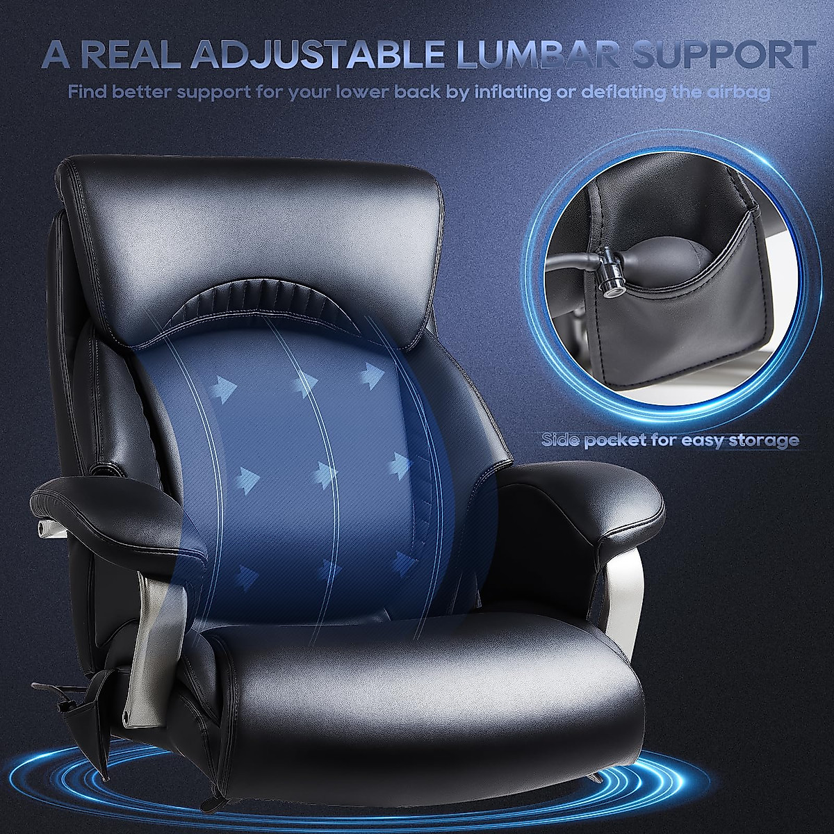 Big and Tall Office Chair 500lbs-Heavy Duty Executive Computer Desk Chair, Ergonomic Chair with Adjustable Lumbar Support and Headrest-Black