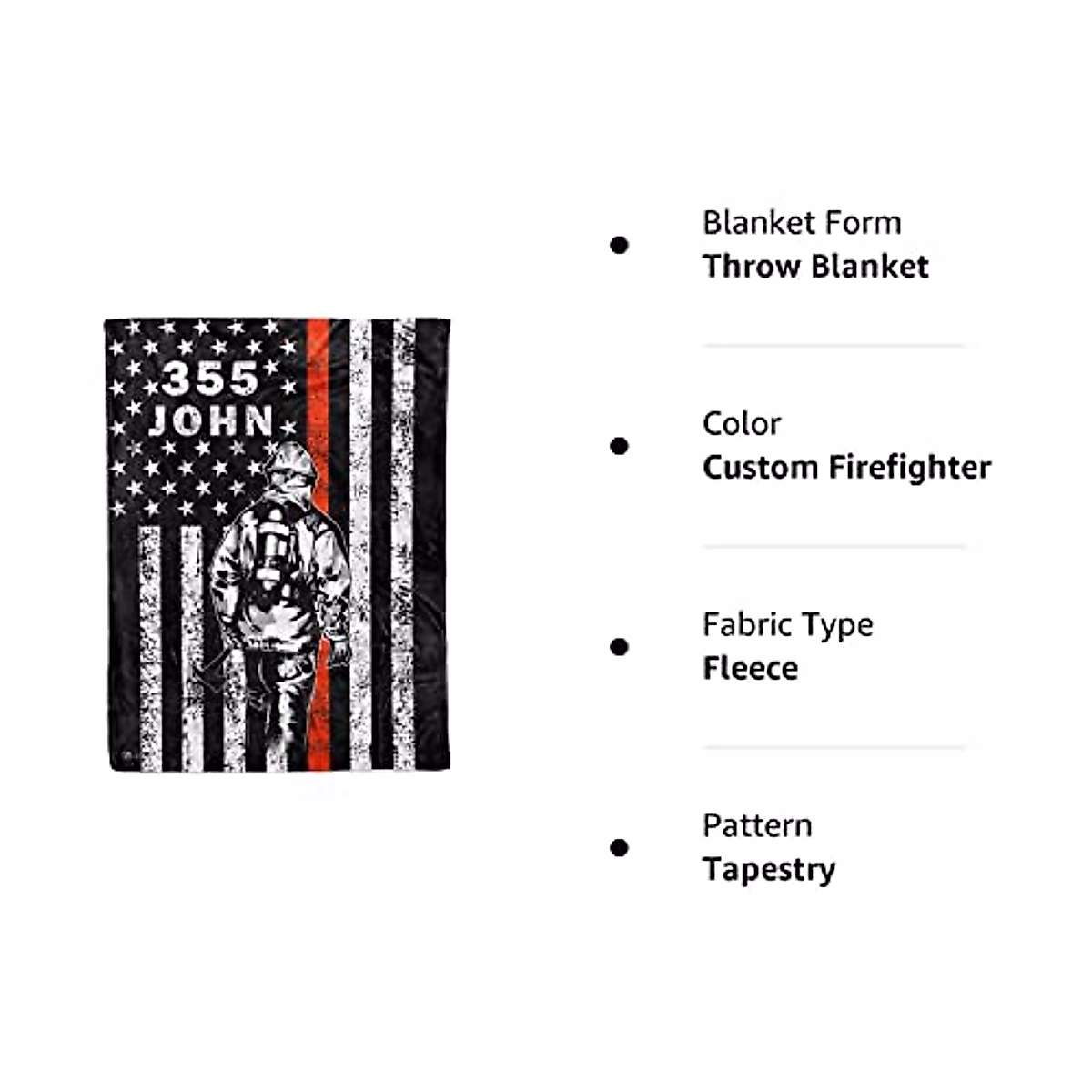 Personalized Custom Name Unit Number Volunteer Fireman Thin Red Line Redline Fire Department American Flag Birthday Christmas Fleece Sherpa Blanket Throw Tapestry (Custom Firefighter, Fleece - 50x60)