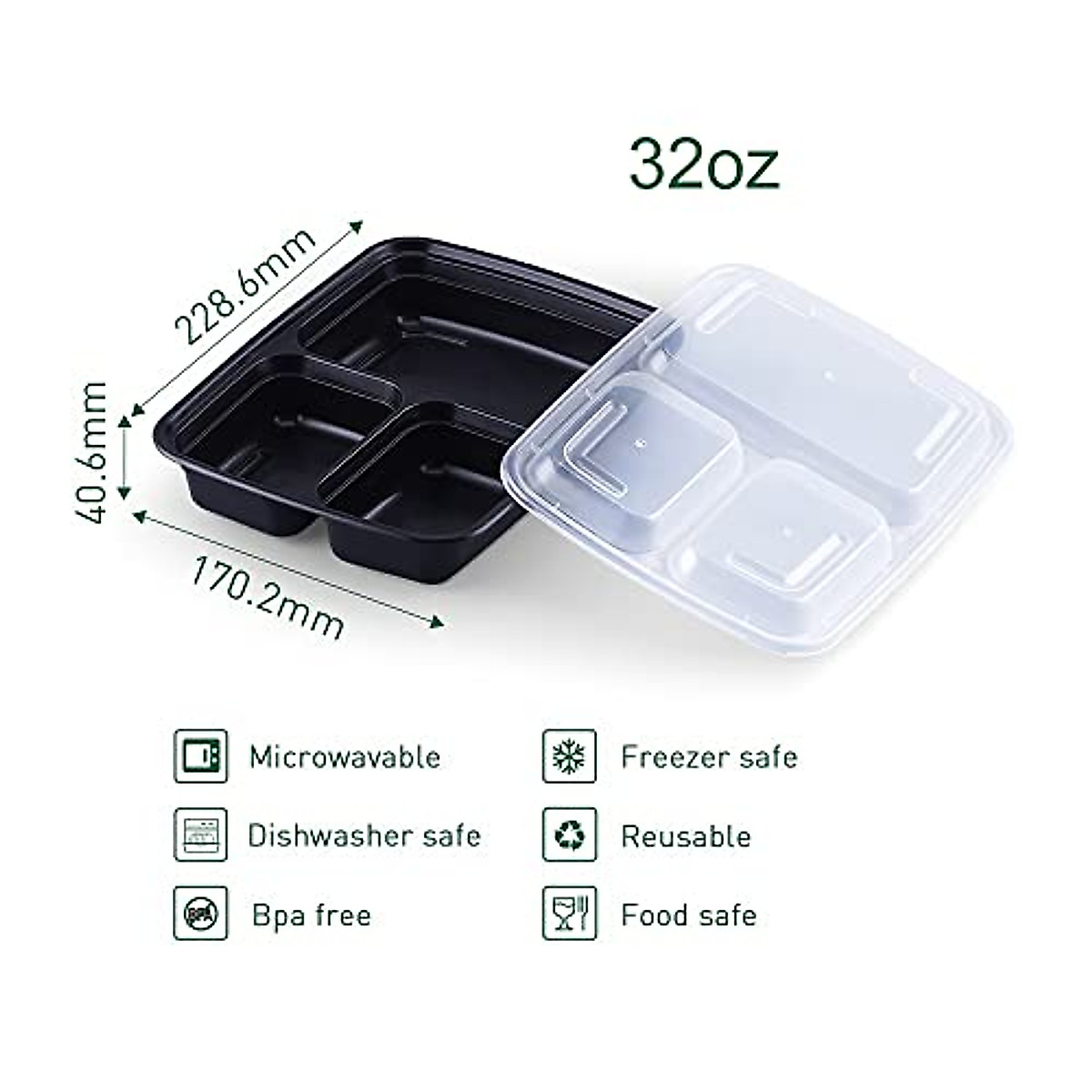 [150Pack] 32oz Meal Prep Containers, Black Plastic Container, 3 Compartment Lunch Box, Bento Box, To go Food packaging, Reuseable