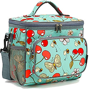 FlowFly Insulated Reusable Lunch Bag Adult Large Lunch Box for Women and Men with Adjustable Shoulder Strap,Front Zipper Pocket and Dual Large Mesh Side Pockets,Cherry
