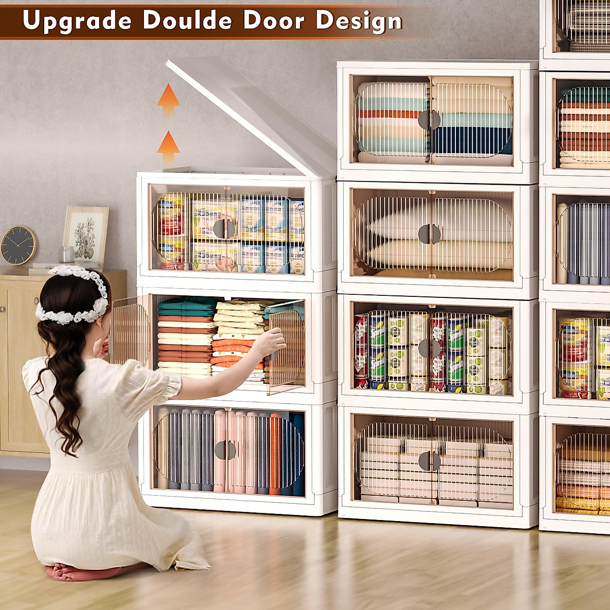 Clear Storage Bin with Lid 3 Pack 【Stackable & Sturdy】Plastic Bins for Storage, Multifunctional Folding Storage Bins for Bedroom, Living Room, Study, Toy Room, Folding Box with Magnetic door