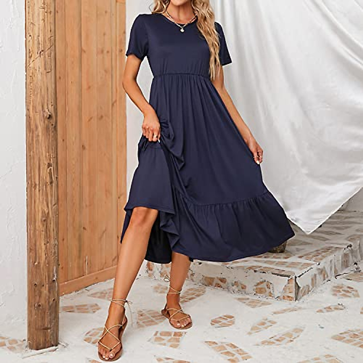 Summer Maxi Dresses for Women 2023, Casual Short Sleeve Crewneck Flowy Long Dresses Tiered Swing Beach Dress with Pockets(Navy, S)