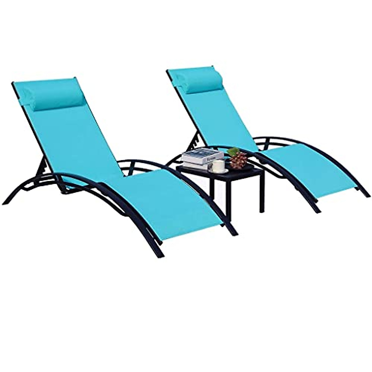 Thick 3Pcs Sun Lounger Recliner Set Aluminum Chaise Lounges,Reclining Chair with 5 Adjustable Backrest, Head Cushion, Table for Garden (Color : A, Size : One Size)