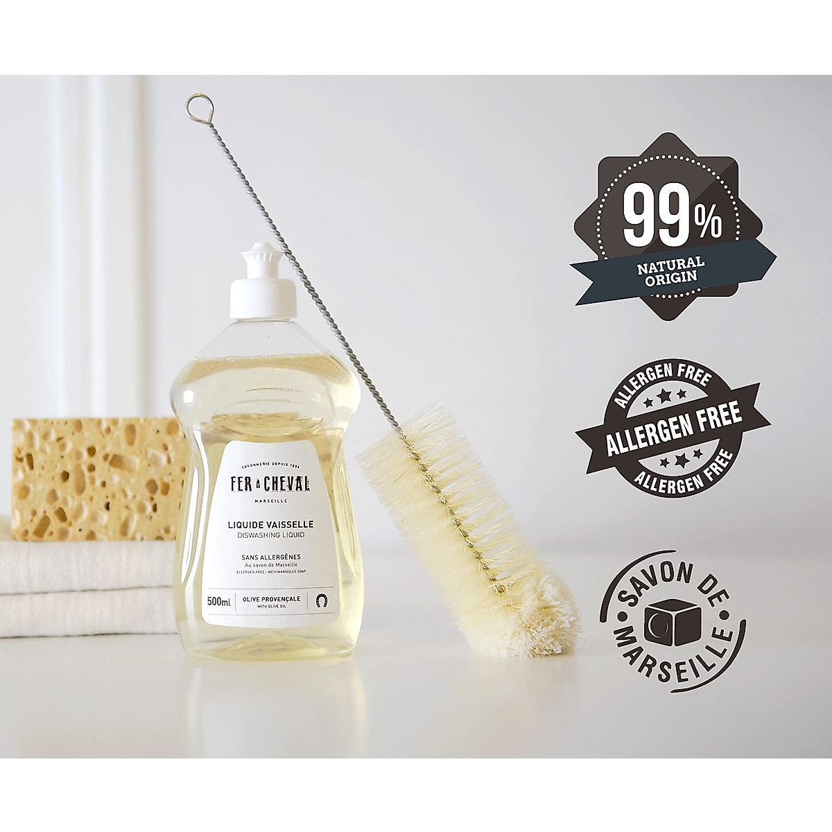 Fer à Cheval Dishwashing Liquid, Bottle Dish Soap Liquid, Provencal Olive Savon De Marseille Dish Detergent Liquid, Olive Oil Based from France - 2 Pack, 500ml/16.9 fl oz