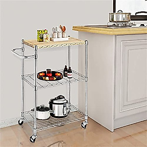 BHVXW 3 Tier Kitchen & Microwave Trolley 60x35x85CM Storage Rack Wood & Chrome Utility Storage Trolley