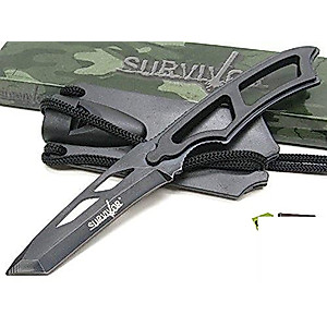 S.S. Fixed Knives SURVIVOR Black Straight FULL TANG Tanto Knife NECK Sheath w/Whistle
