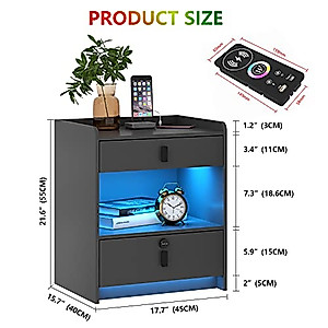 Vlsrka Nightstand with Charging Station, Night Stand with Drawers, LED Nightstands with 24 RGB Colors, Modern Side Table with USB Ports and Open Shelf, Bedside Table for Bedroom, Grey