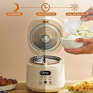 NUNET Electric Rice Cooker, Portable 6-1 Multi-Functional Smart Food Steamer Time Control 400W Mini Cooker 2QT 3 Cups Uncooked/5 Cups Cooked for Soup Grain Oatmeal w. Non-Stick Inner Pot