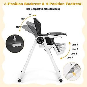 BABY JOY High Chair for Babies & Toddlers, Foldable Highchair with Adjustable Backrest/Footrest/Seat Height, Double Removable Trays, Detachable Seat Cushion, 4 Lockable Wheels (Black)