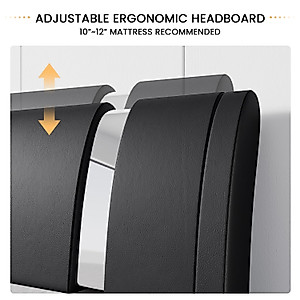 SHA CERLIN King Size Bed Frame with Iron Pieces Decor and Adjustable Headboard/Deluxe Upholstered Modern Platform Bed with Solid Wooden Slats Support/No Box Spring Needed, Black