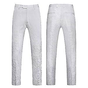 MOGU Mens 3 Piece Tuxedo Slim Fit Jacquard Floral Vintage Groomsmen Wedding Prom Suit Blazre 34 / Pants 31 White