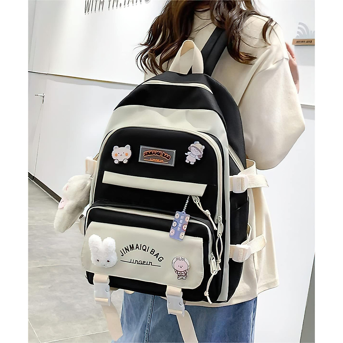 LaurelTree Kawaii Aesthetic Cute 5pcs School Bags Set with Accessories School Suppliers for Teens Girls Backpack Tote Bag (Black)