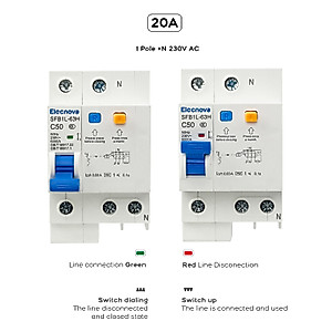 Elecnova 6-63A Miniature Circuit Breaker, 1Pole+N AC 20 Amp 230V, DIN Rail Mounted, Circuit Leakage, Overload, Short-Circuit Protection, 110V / 120V Available