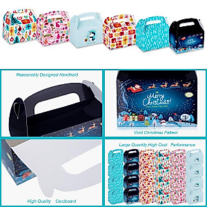ARTLYMERS 24 Pack Christmas Treat Boxes, Candy Boxes Party Favor Christmas Cookie Dessert Goody Boxes with Handle for Christmas Gift Giving, 6 Patterns
