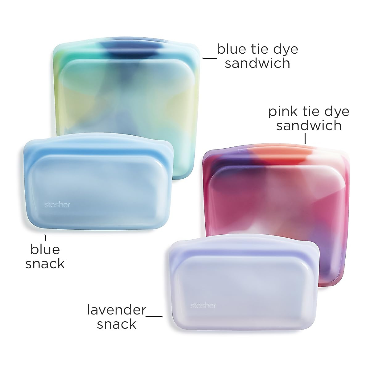 Stasher Reusable Silicone Storage Bag, Food Storage Container, Microwave and Dishwasher Safe, Leak-free, Bundle 4-Pack, Tie Dye
