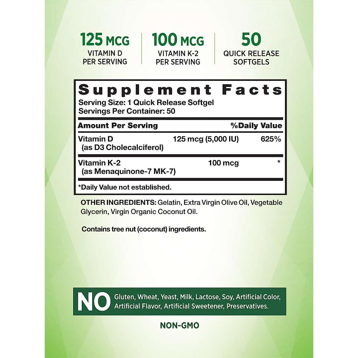 Vitamin K2 MK7 Complex | 100 mcg | 50 Softgels | with Vitamin D3 | Non-GMO & Gluten Free Supplement | by Nature's Truth