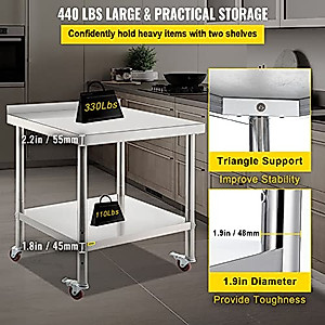 VEVOR Stainless Steel Prep Table, 24 x 15 x 35 Inch, 440lbs Load Capacity Heavy Duty Metal Worktable with Backsplash Adjustable Undershelf & 4 Casters, Commercial Workstation for Kitchen Restaurant