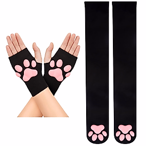 3D Cat Claw Pad Stockings and Gloves Thigh High Socks Long Gloves Silicone Claw Lolita Cat Cosplay for Girls Women (Black and Pink)