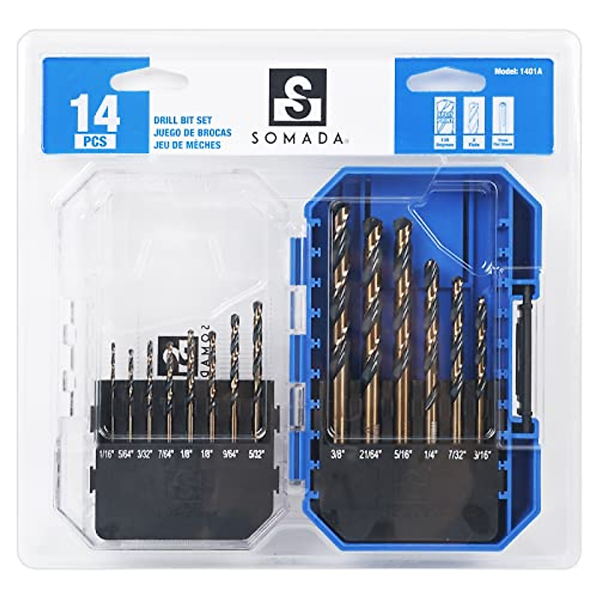 SOMADA 14-Piece Cobalt Drill Bit Set for Plastic, Wood, and Metal, M35 High-Speed Steel Twist Jobber Length Bits Sizes from 1/16" to 3/8" with Indexed Storage Case