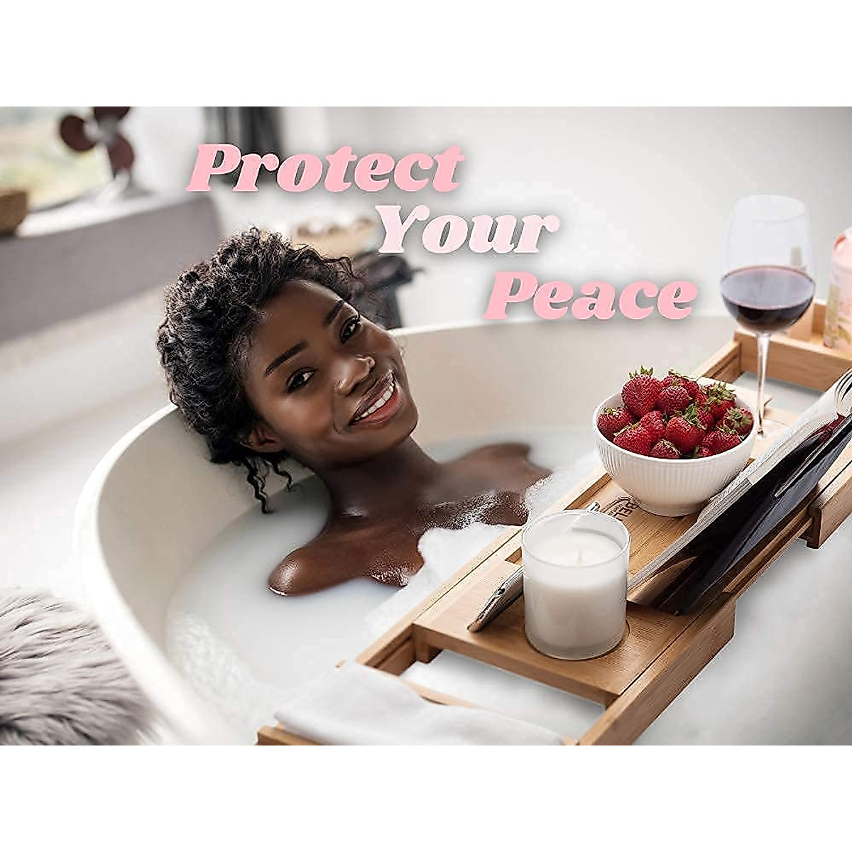 Luxury Bamboo Bathtub Caddy Tray with Two Free Bath Bombs, Soap Holder, and Non-Slip Silicone Grips - Durable and Solid - Expandable Organizer with Removable Spa Trays