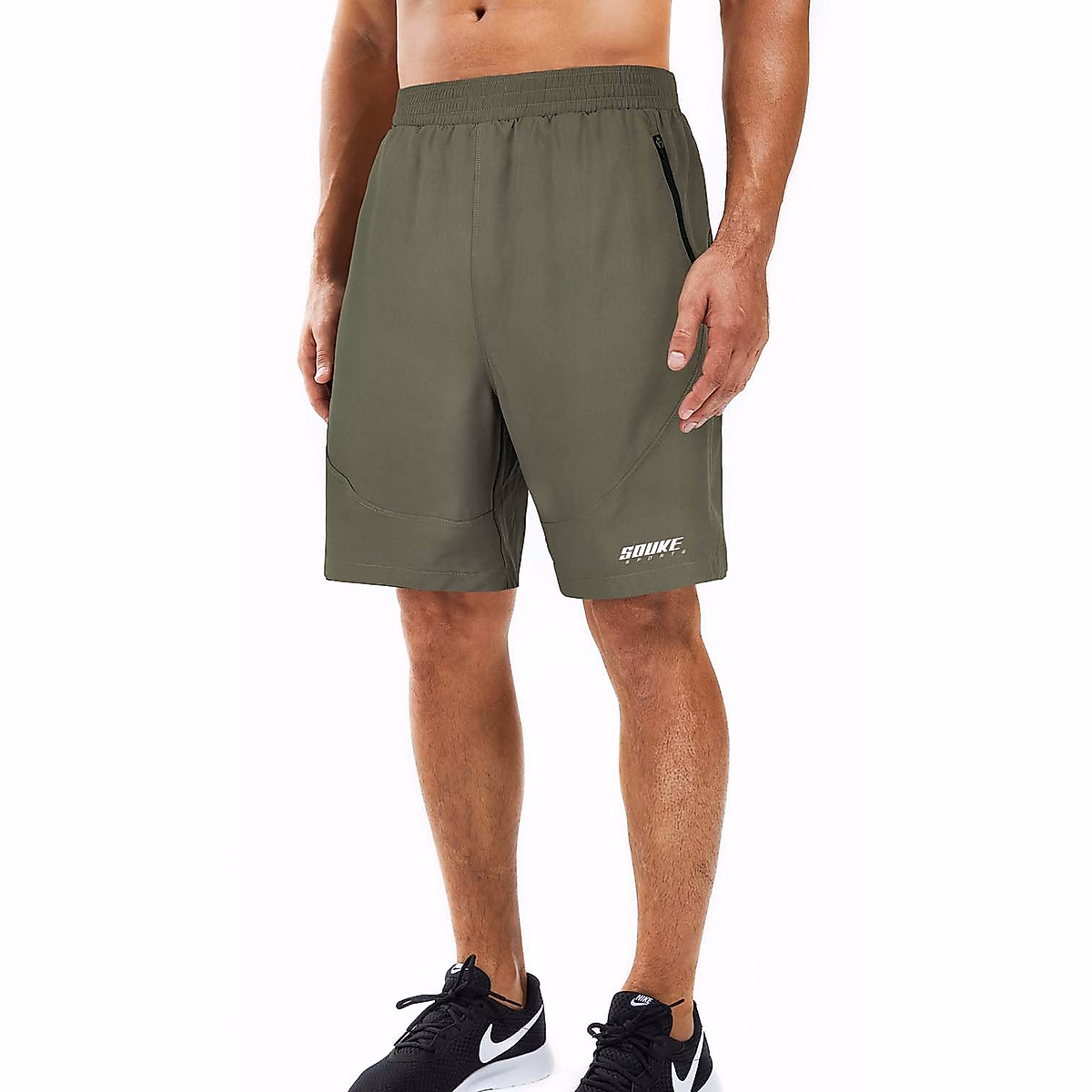 Souke Sports Men's 2 in 1 Workout Running Shorts 7" Quick Dry Gym Athletic Shorts Army Green Liner Zipper Pockets