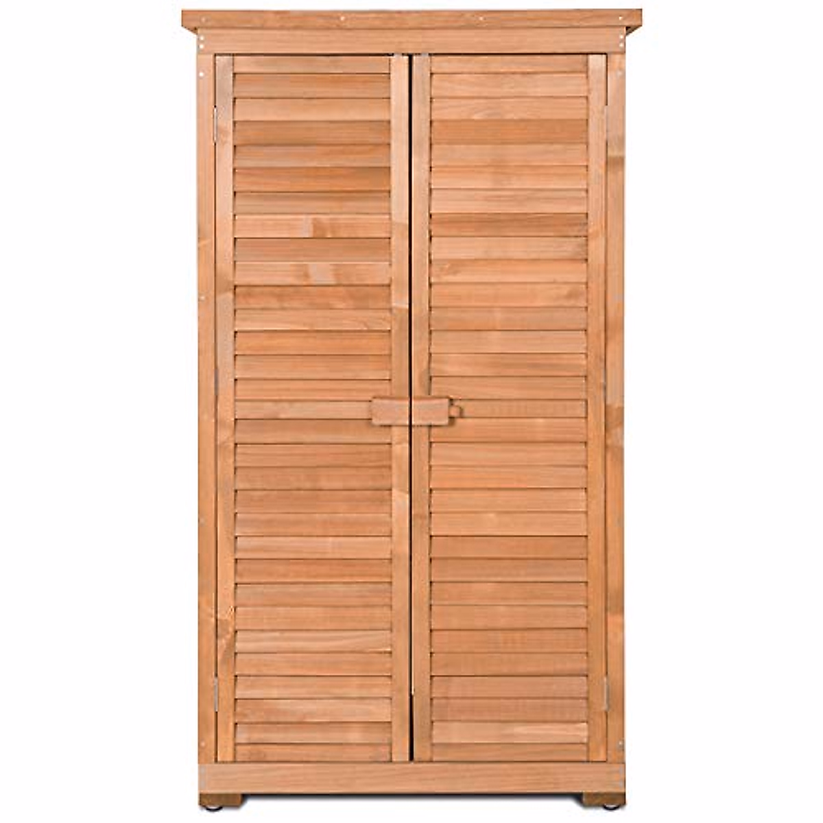 Goplus Outdoor Storage Cabinet, Wooden Garden Shed with Latch & Detachable Shelves & Pitch Roof, Vertical Organizer for Outside Yard Patio Deck