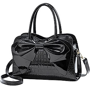 XingChen Shiny Women Handbag Patent Leather Bowknot Purse Charm Glossy Top-Handle Satchel Tote Fashion Shoulder Bag(Black)