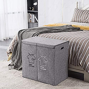 TECHMILLY Double Laundry Hamper with Lid, 140L Large Foldable Dirty Cloth Basket 2 Section with Removable Liners, Tall Divided Laundry Baskets with Handles for Bedroom, Closet, Bathroom - Grey
