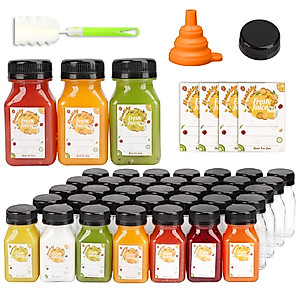 TOMNK 4oz Plastic Juice Bottles, 35pcs Shot Bottles with Caps, Reusable Clear Bottles with Label, Funnel and Brush Beverage Containers Bulk with Lids for Juicing, Smoothies, Drinking