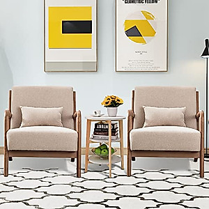 INZOY Mid Century Modern Accent Chair with Wood Frame, Upholstered Living Room Chairs with Waist Cushion, Reading Armchair for Bedroom Sunroom (Beige)