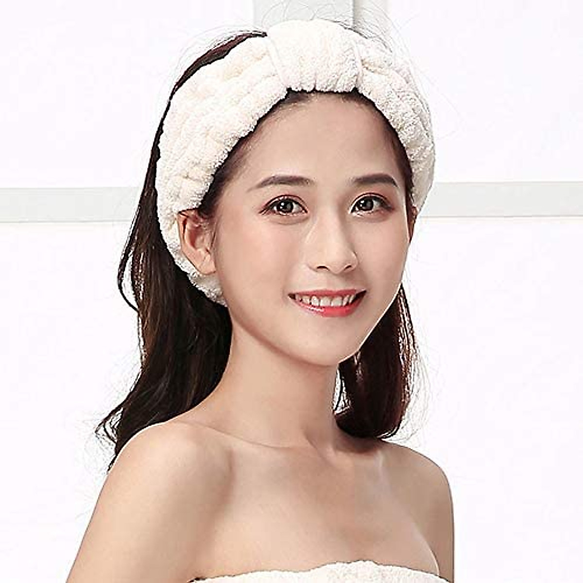 AIYAYI Spa Headbands，Soft coral fleece Makeup Headbands skincare headbands Adjustable Hair Band Cosmetic Headband for washing face, 2 Pack… (white)