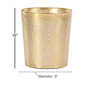 CosmoLiving by Cosmopolitan Metal Cylinder Small Waste Bin with Laser Carved Floral Design, 9" x 9" x 10", Gold